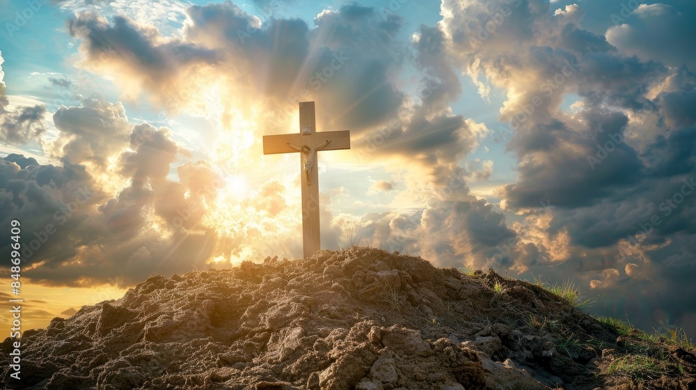 Cross of Jesus Christ placed on a hill, firm in the soil, with a ...