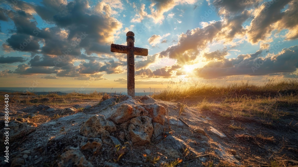 Cross of Jesus Christ placed on a hill, firm in the soil, with a ...