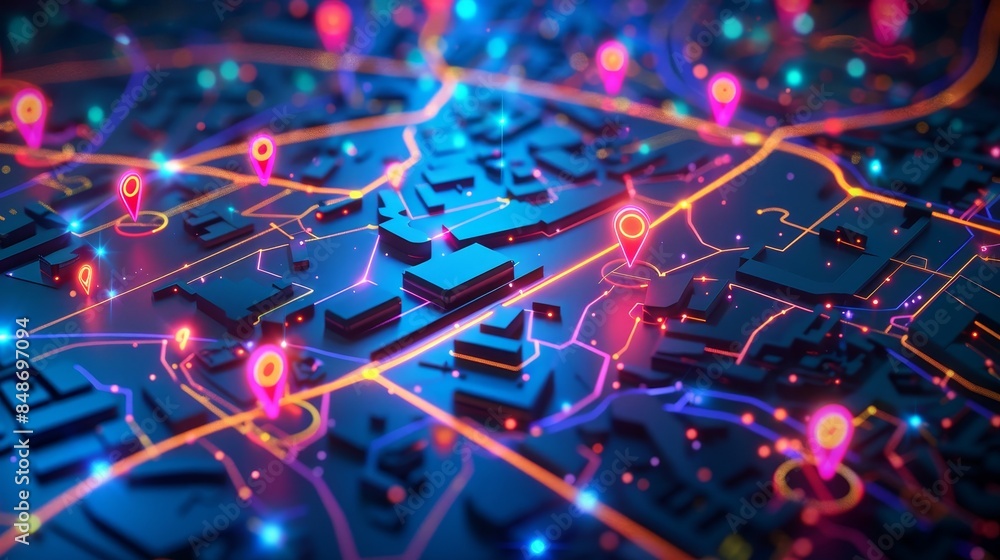 High-tech 3D vector map showing city emergency shelters, evacuation ...