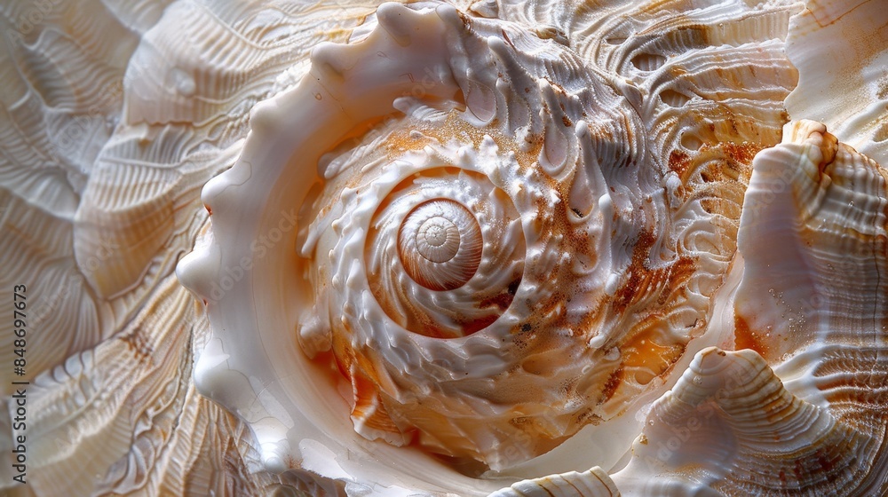 Intricate spiral patterns on a conch seashell, close-up, capturing fine ...