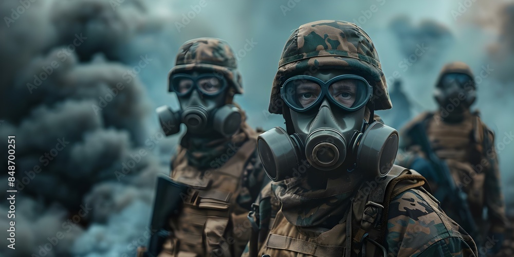 Soldiers in gas masks stand ready for combat in smokefilled environment ...