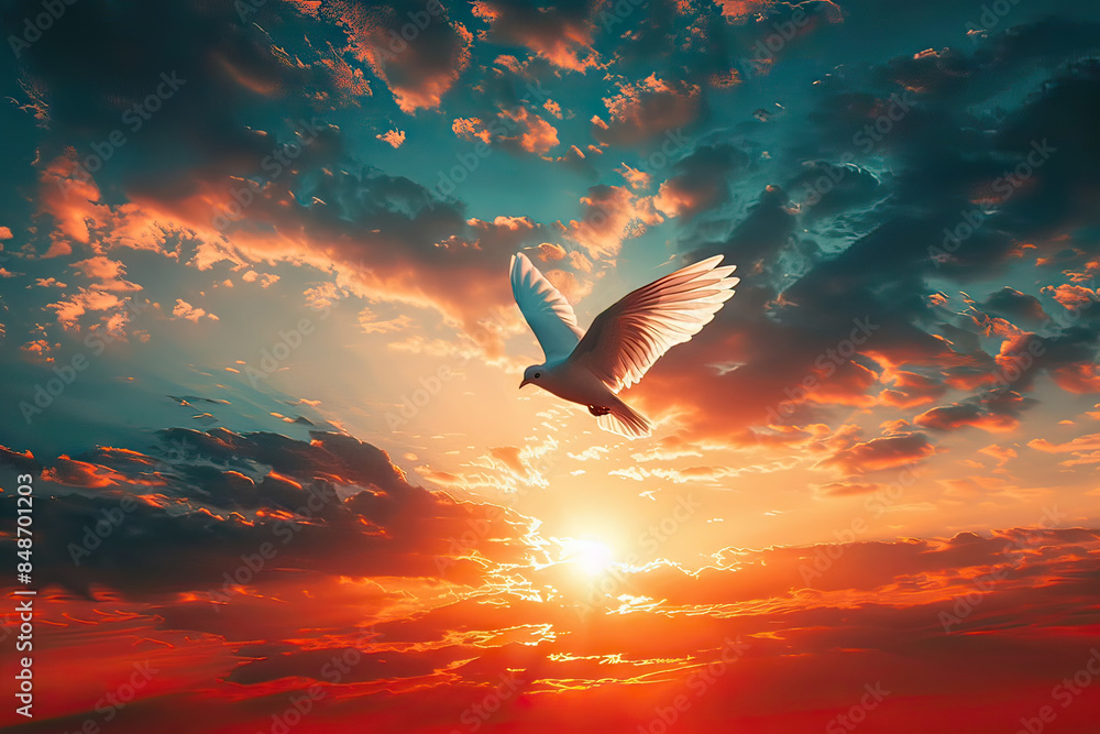 Religious concept: Pigeon birds flying on sunset landscape background ...