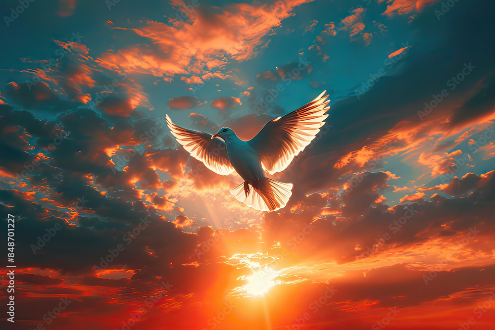 Religious concept: Pigeon birds flying on sunset landscape background ...