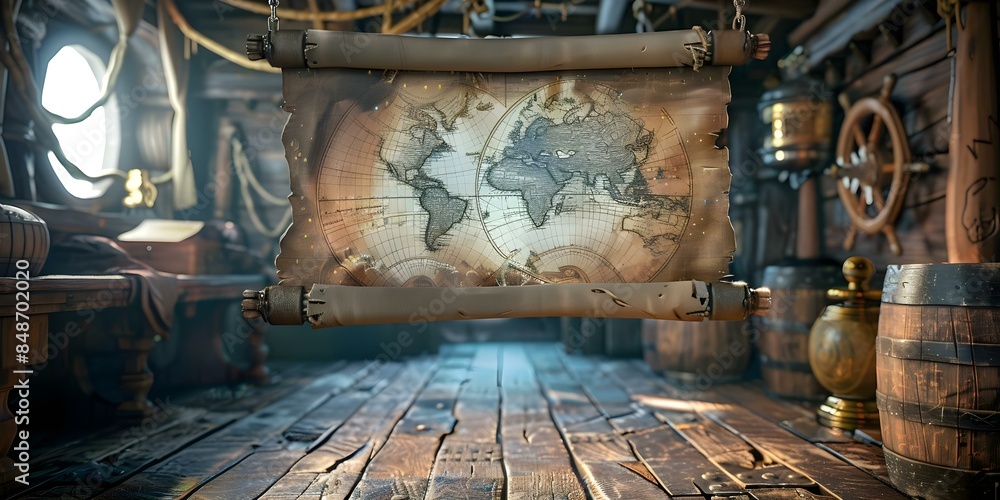 Creating a 3D illustration of an ancient pirate map inside a ship's ...