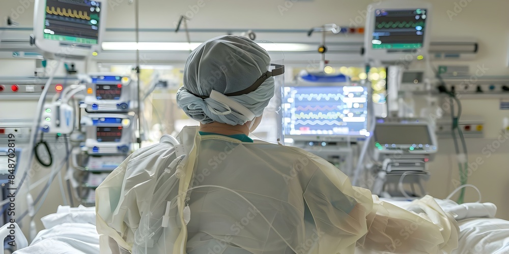 ICU nurse monitoring vital signs of critical patient in intensive care ...