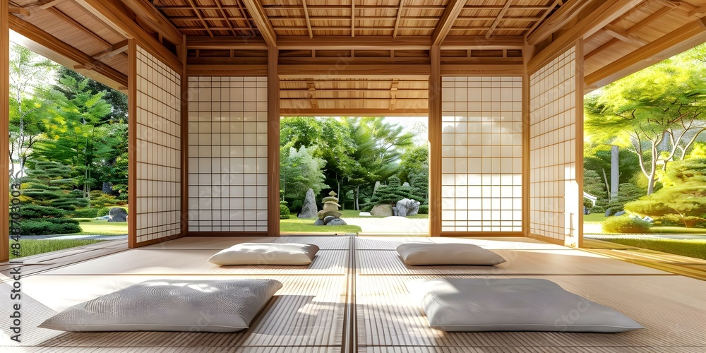 Japanese pavilion with tatami mats wooden design and garden view ...