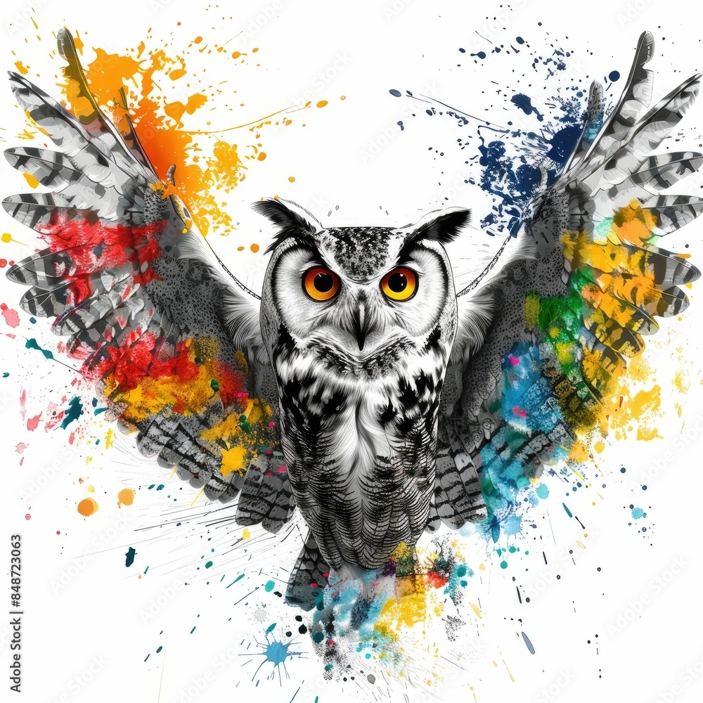 Majestic black and white owl with its wings spreading a colorful ...