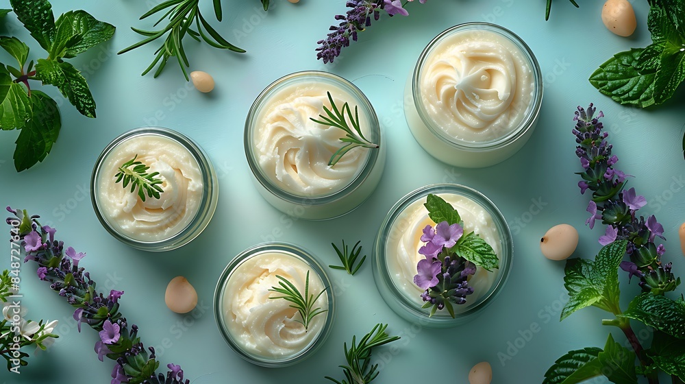 Shea butter lotions and creams on a light blue background with fresh ...