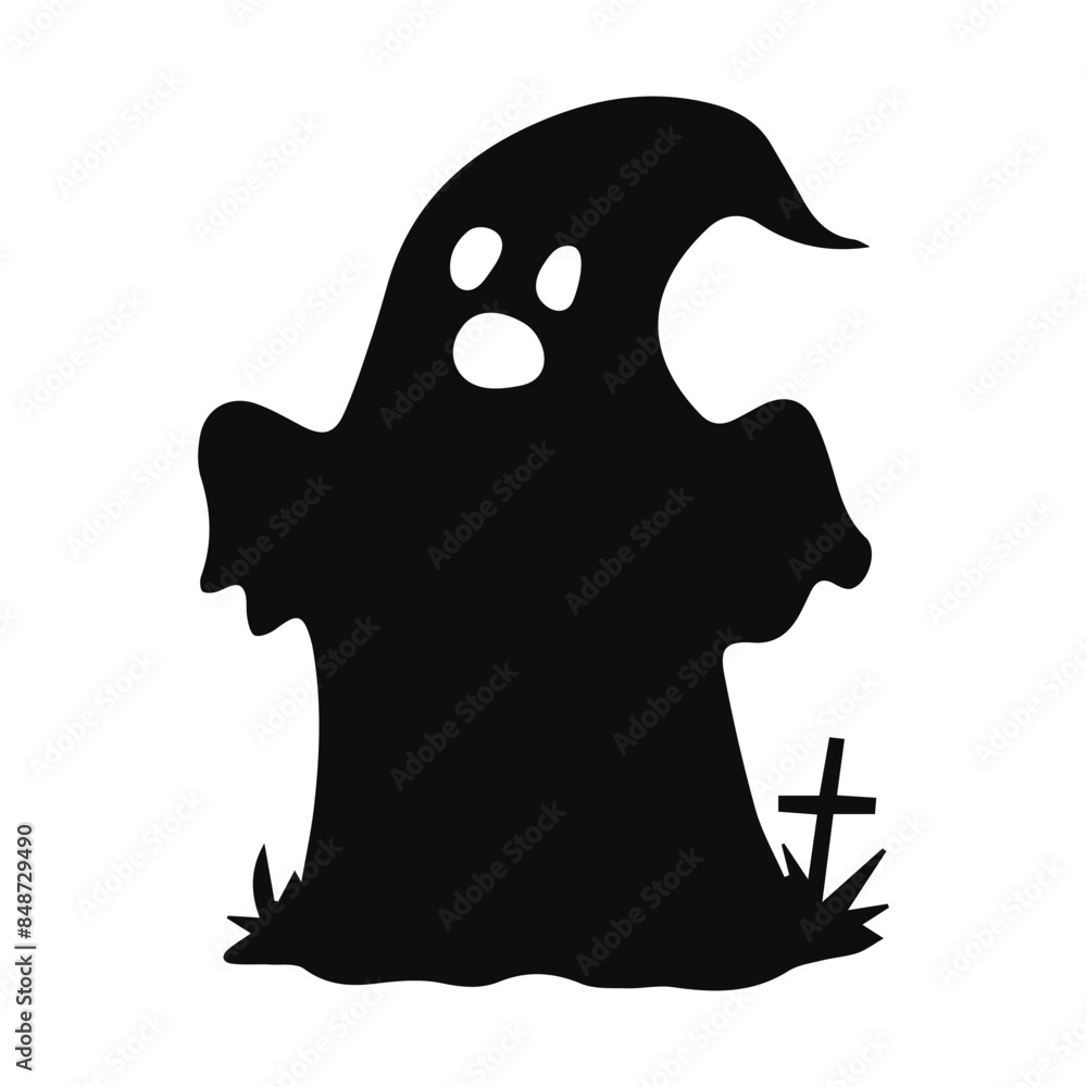 Happy Halloween black silhouette of spooky ghost crawls out of grave ...