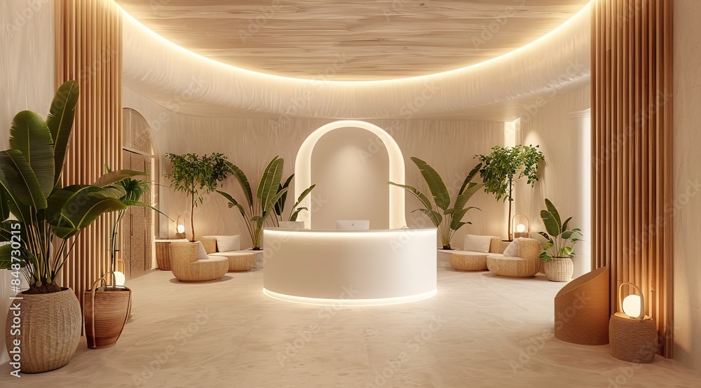 Luxurious hotel lobby reception area featuring a white curved front ...