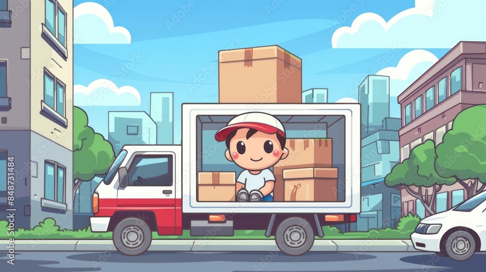 Cute cartoon character of a chibi delivery man standing in the back of ...