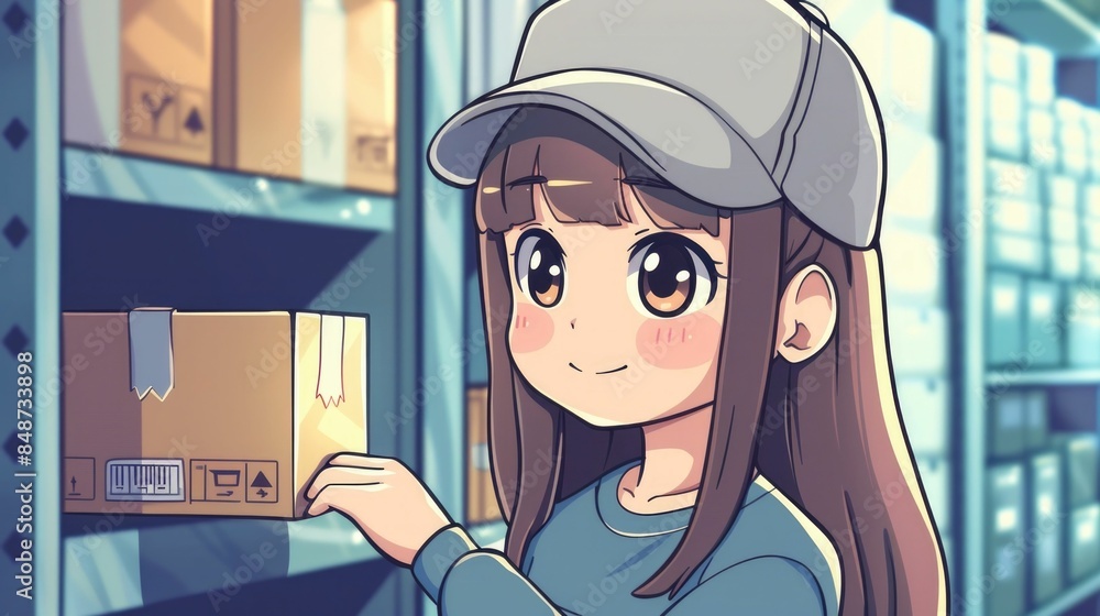 Cute anime style of a chibi cartoon delivery woman carefully placing a ...