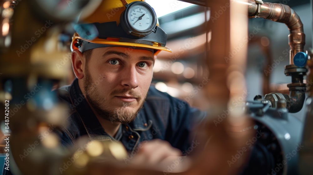 An illustration of a plumbing service concept showing a water worker ...