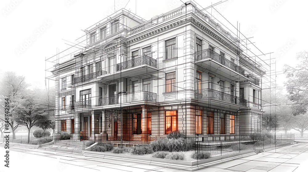 construction sketch of a modern building on a white background Stock ...