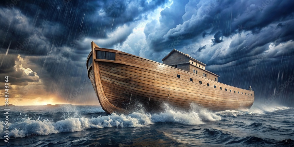 Noah's Ark in heavy rain during the flood, Noah's Ark, heavy rain ...