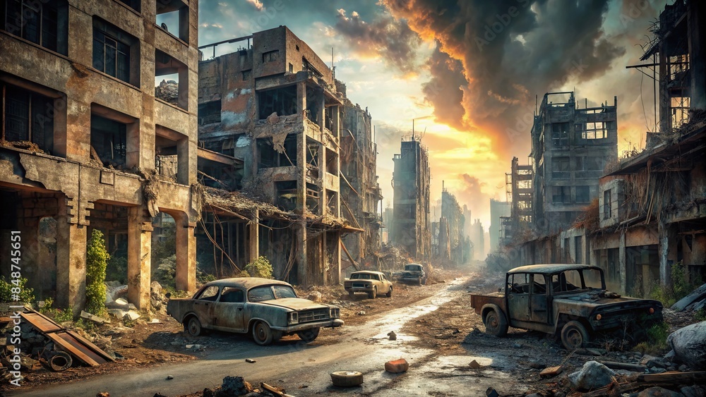 Destroyed buildings and abandoned vehicles in a post-apocalyptic world ...