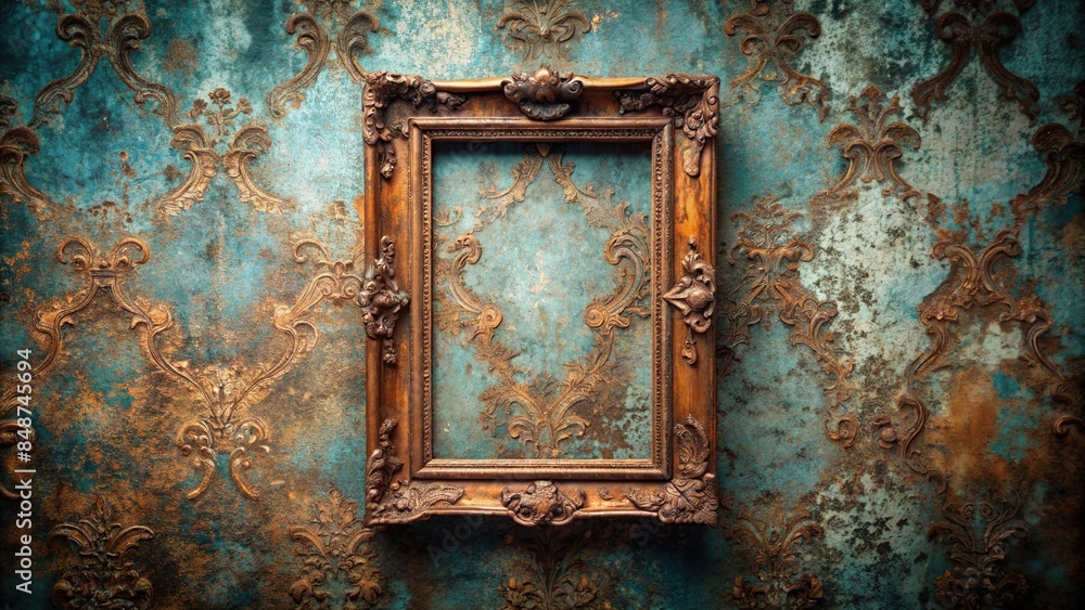 Broad rust-colored ornate empty frame against moldy blue grunge ...