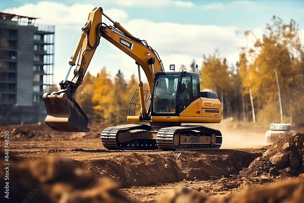 Backhoe working by digging soil at construction site. Crawler excavator ...