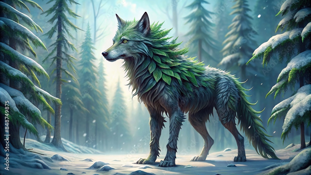 Mythical wolf with leaf fur, towering over a snowy forest, with massive ...