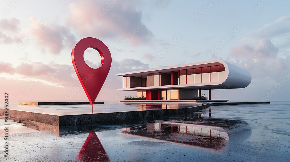 Modern House with Location Pin Icon on White Background for Real Estate ...