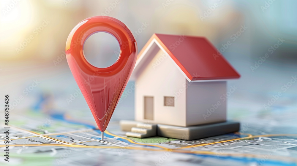 Simple house with location pin icon on white background in real estate ...