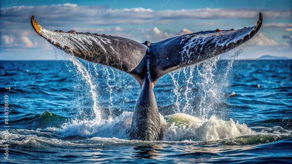 Whale tail gracefully emerges from the water surface , whale, tail ...