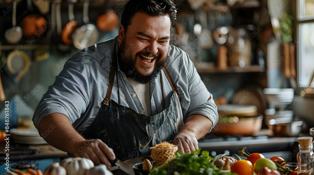 Overweight Chef Enthusiastically Participating in Cooking Class ...
