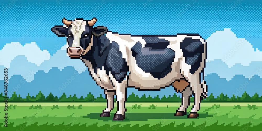 ภาพประกอบสต็อก Pixel art cow standing in a pasture, pixel art, cow ...