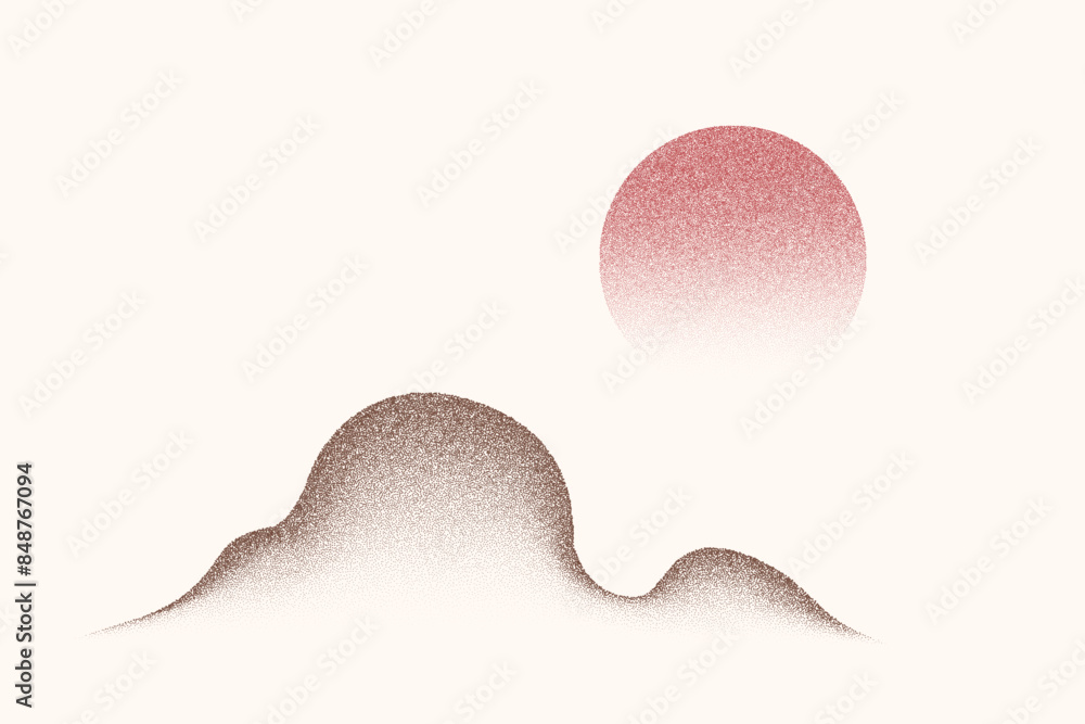 Dotted grainy gradient mountains and sun. Stipple vector effect with ...