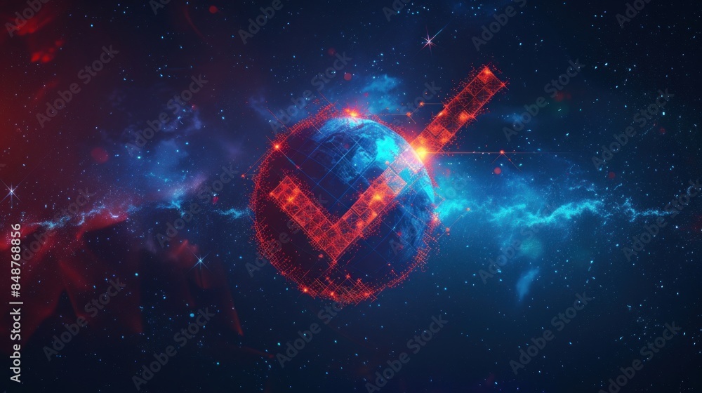 A glowing red and blue check mark is placed on a planet in space. The ...