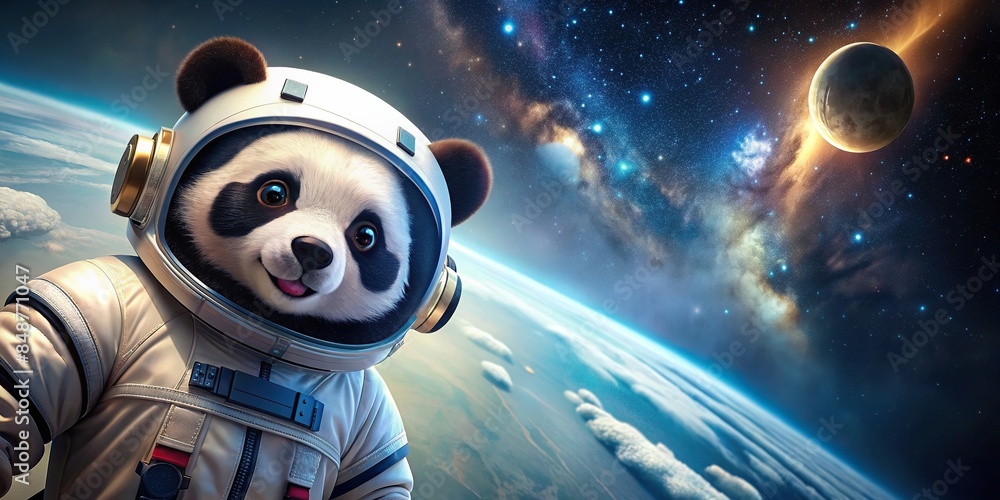 A cute panda bear wearing an astronaut suit exploring outer space ...