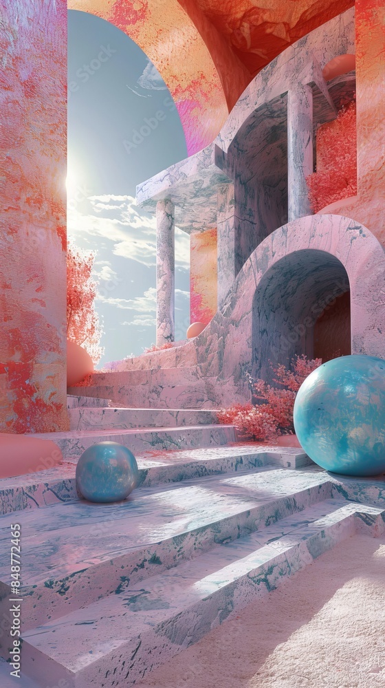 Abstract fantasy place with street, stairs, and tunnel. HD and 4K ...