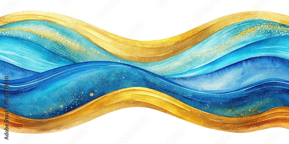 Watercolor painting of a blue and gold wave shape background ...