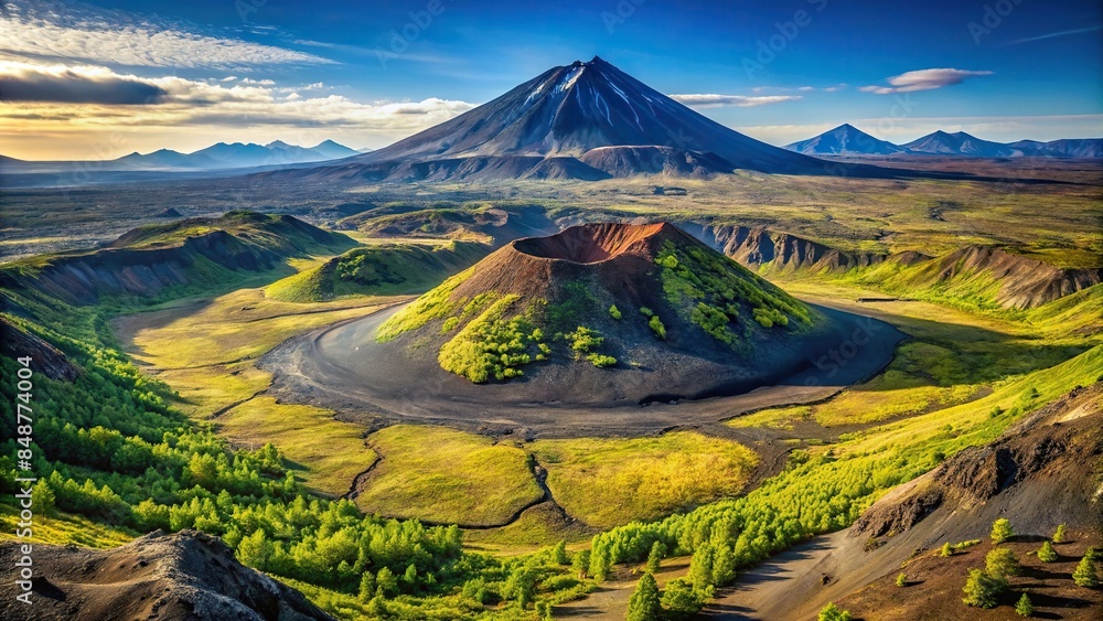 Volcanic mountain range with crater in a remote wilderness during ...