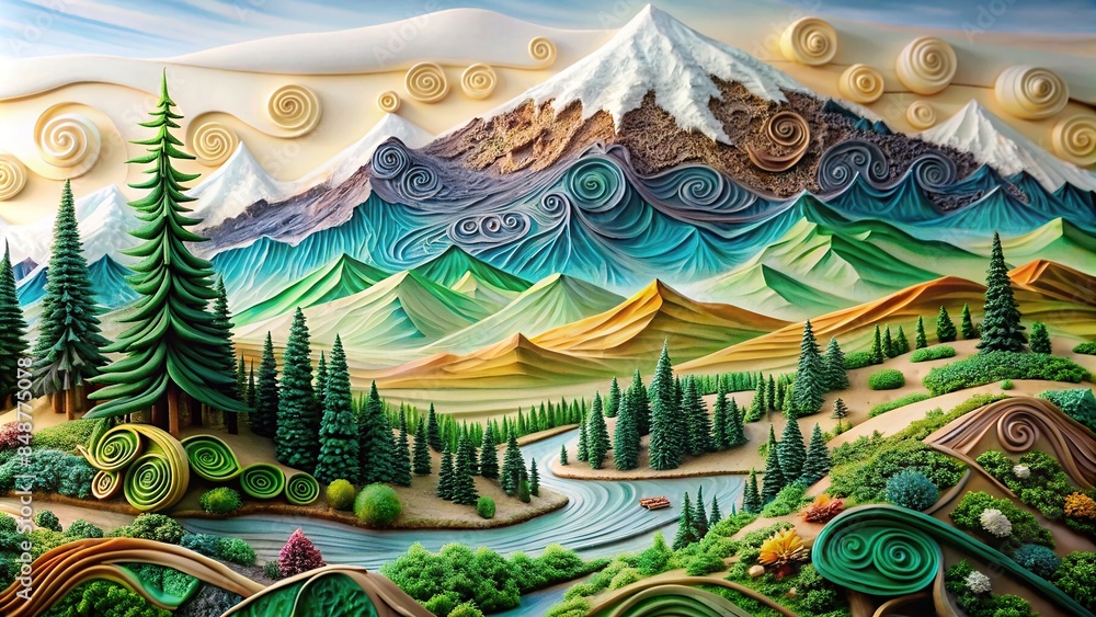 Magical paper quilling landscape of Denali National Park with intricate ...