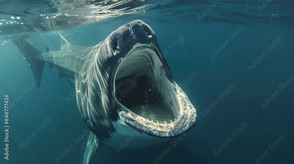 Detailed shot of a basking shark's wide open mouth, filtering plankton ...