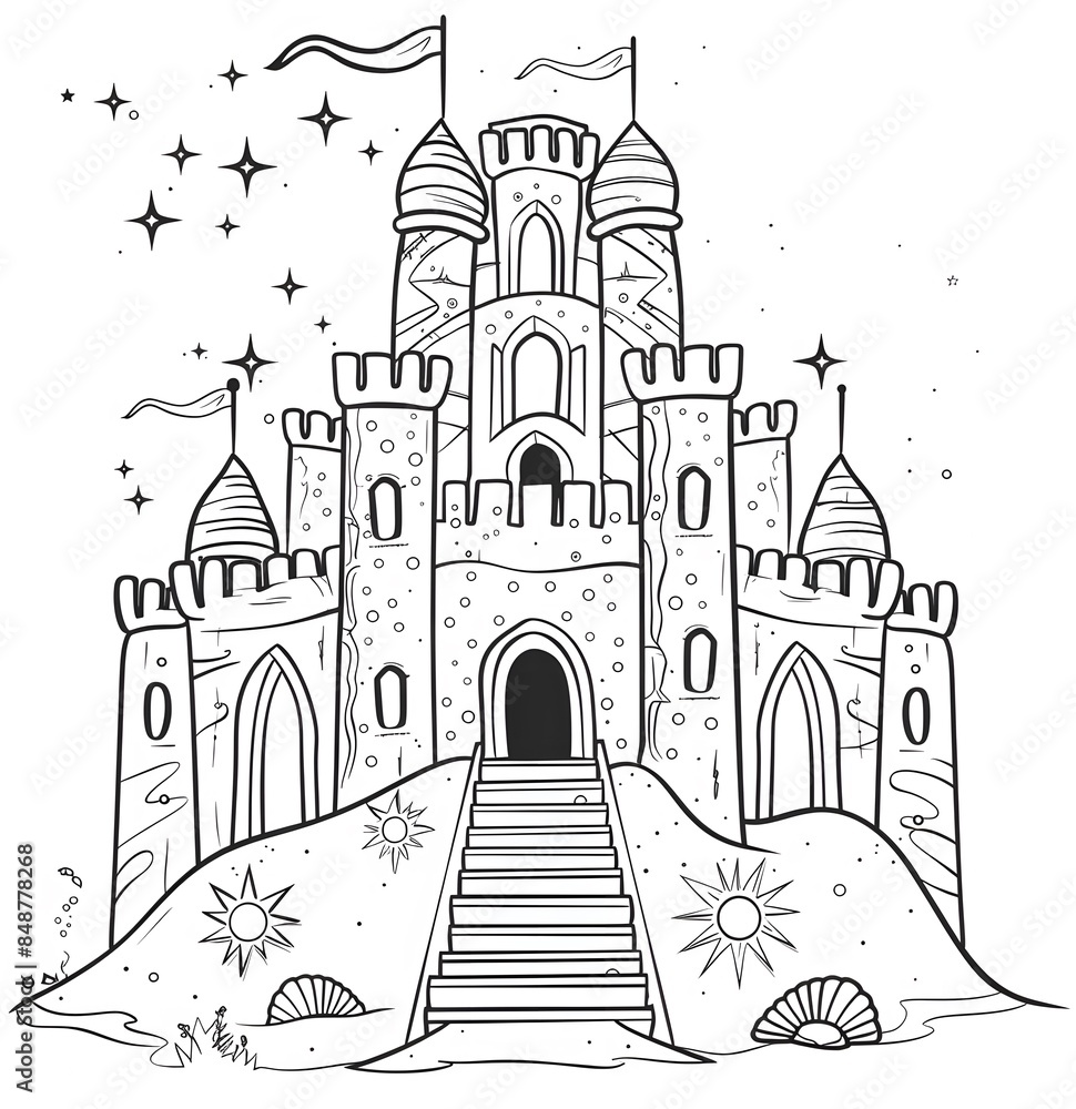 black and white vector line drawing illustration ,sandcastle with stars ...