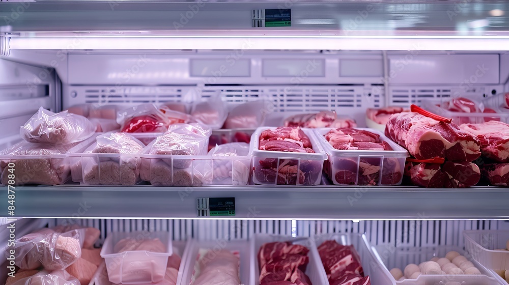 Different types of frozen meat arranged on the shelves of an open ...