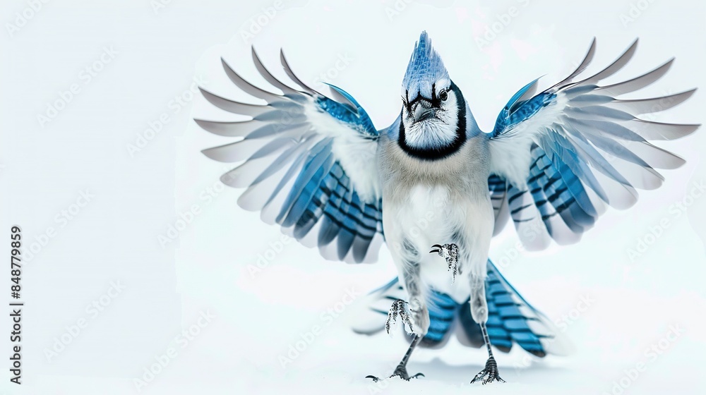 A blue-and-white bird flaps its wings as it stands on its hind legs ...