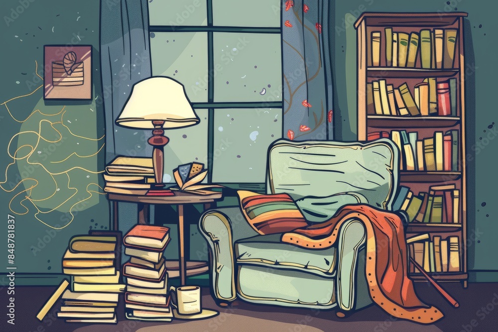 Cartoon cute doodles of a library corner with a reading lamp and a ...