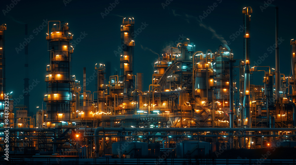 Night view of an illuminated oil and gas refinery plant, with lights ...