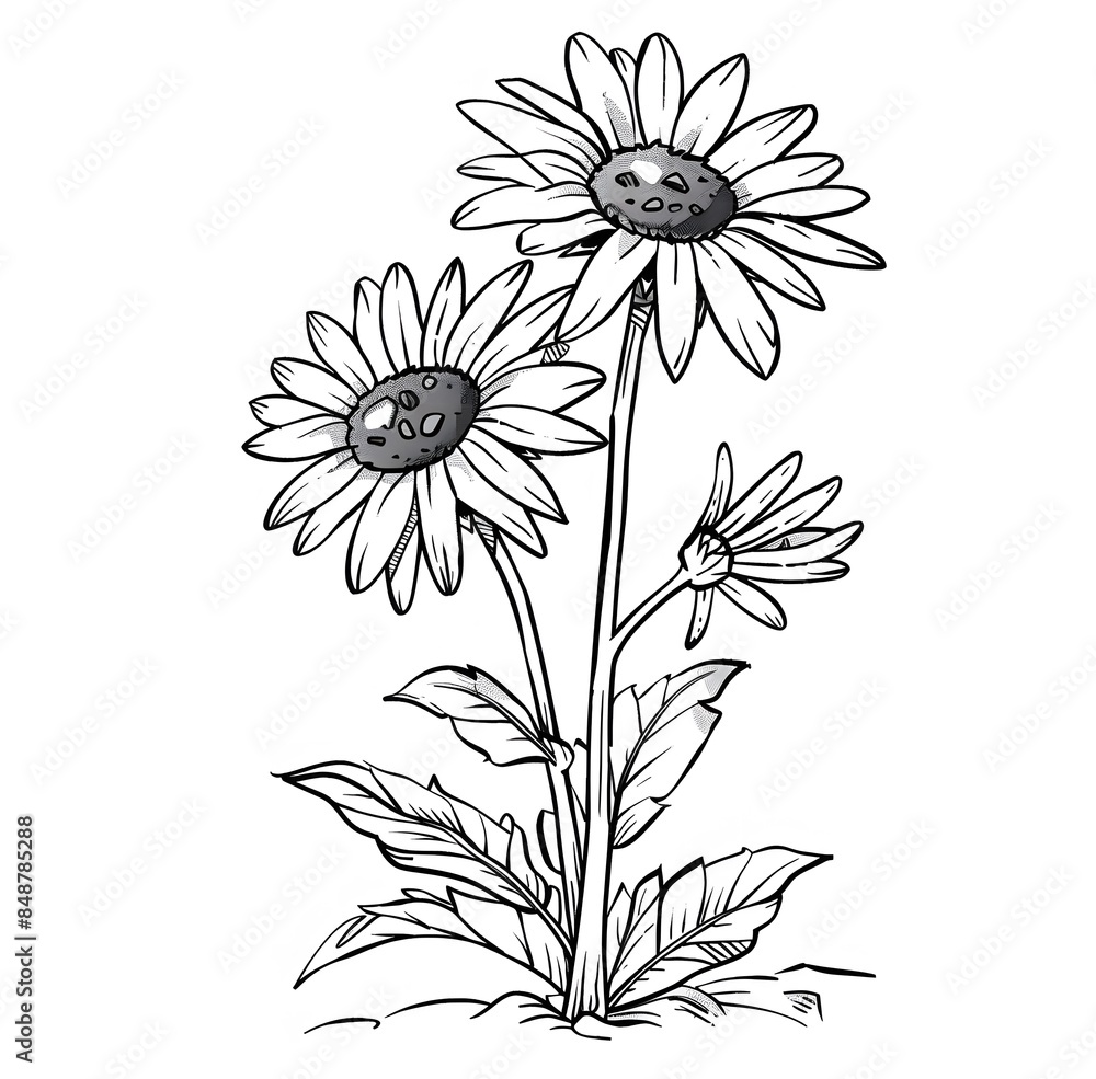 coloring page for kids, daisies plant with two flowers in the ground ...