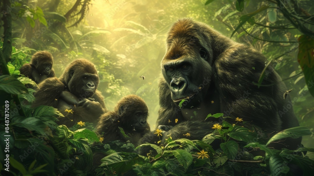 Family of gorillas standing together in jungle environment, A family of gorillas casually ...