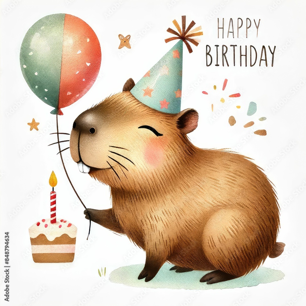 capibara and birthday element. earth tone color, watercolor ...