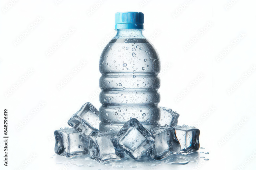 cold plastic bottle of water on ice cubes, transparent plastic bottle ...