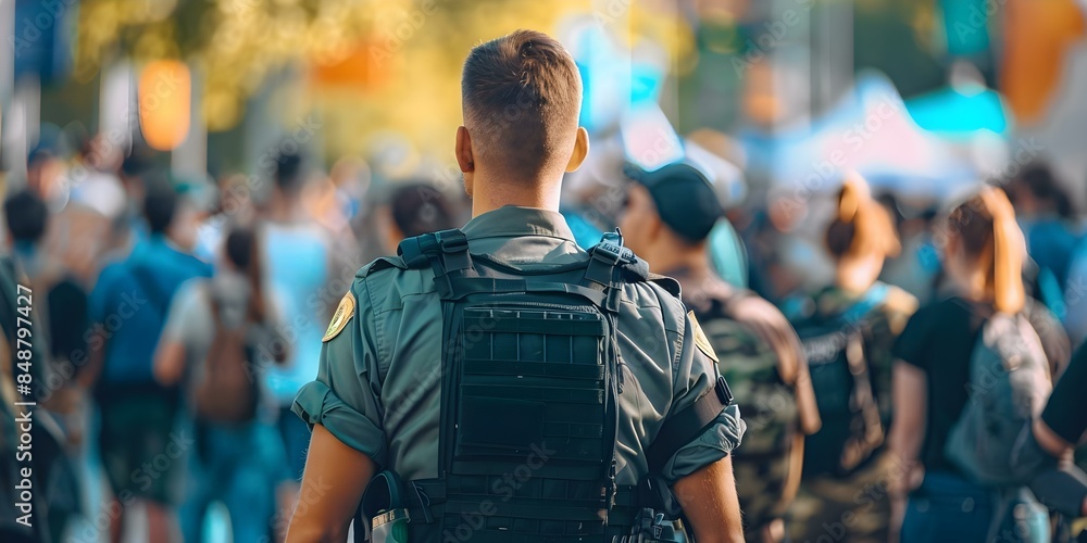 Security guard managing crowd at event guiding people enforcing safety ...