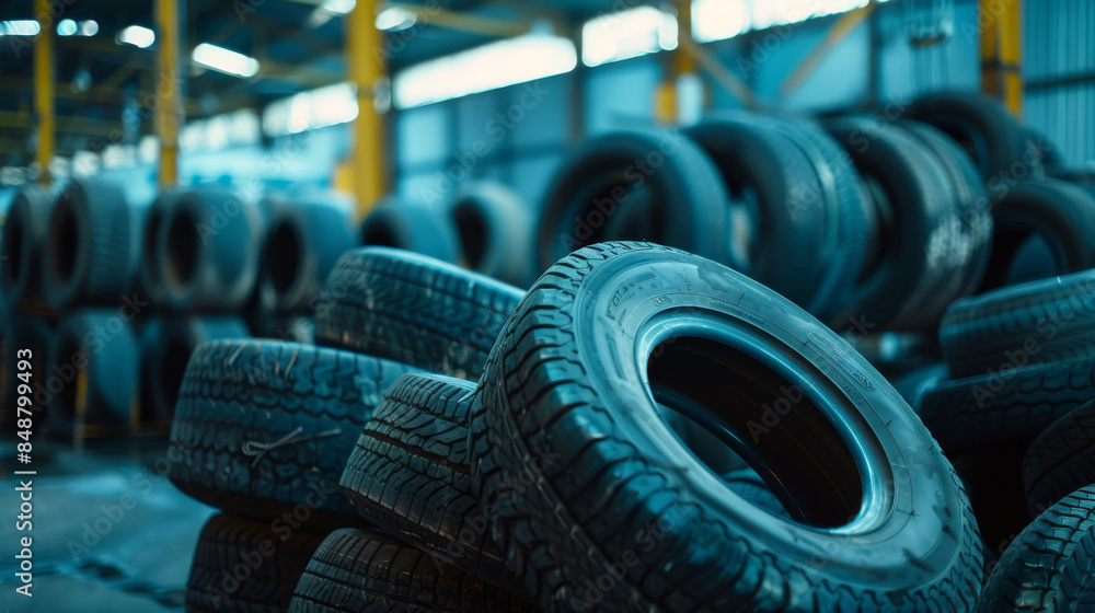 Piles of car tires in factory storage area. Concept Industrial Waste ...
