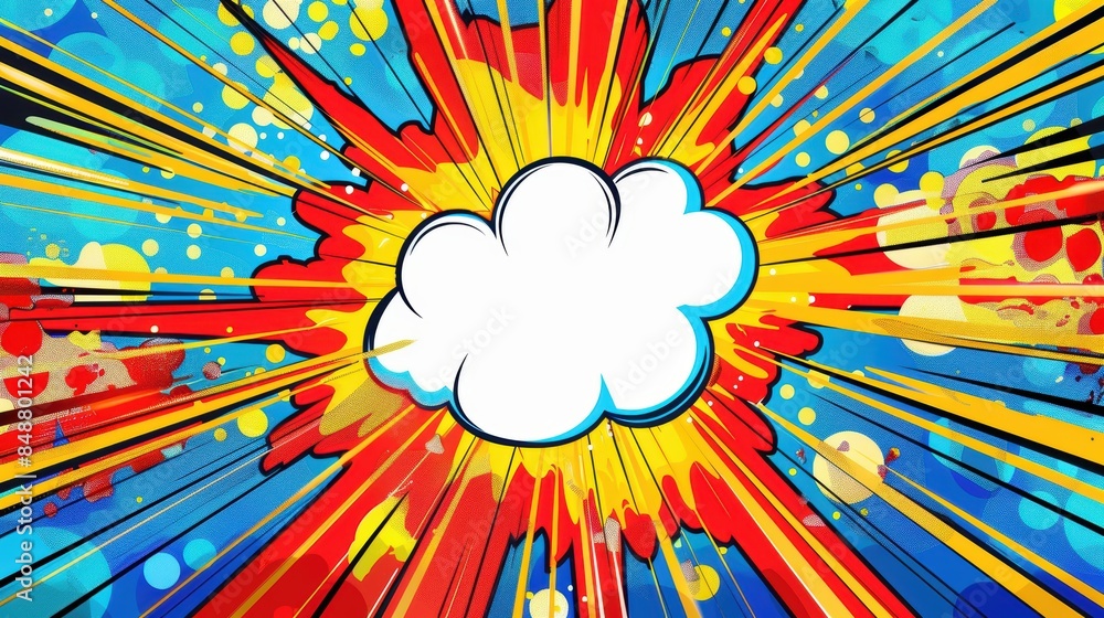 Pop art explosion background with a central speech bubble, bright and ...