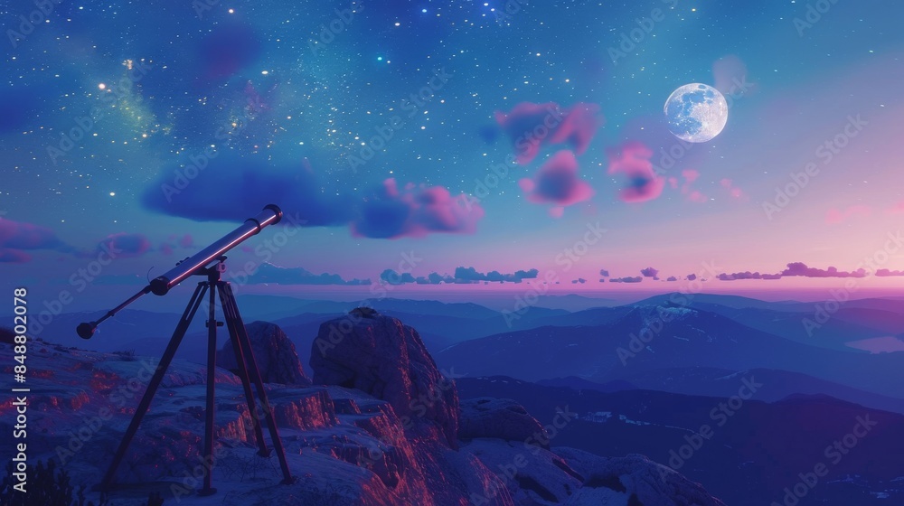 Stargazing Adventure: Telescope on Mountain Tripod, Capturing the Moon ...