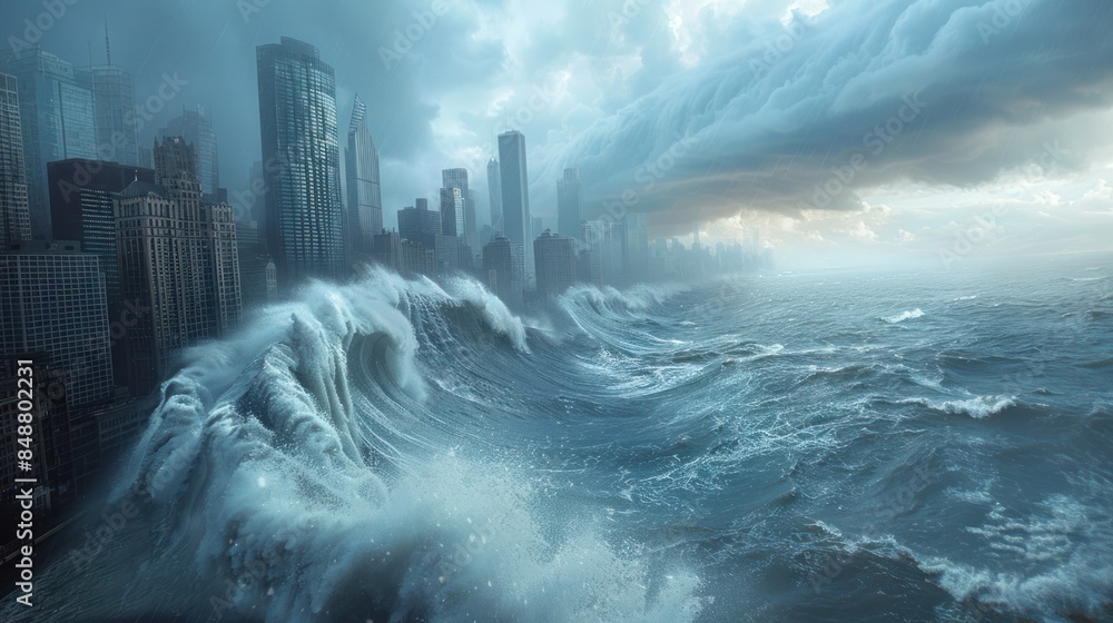 Tsunami Wave Approaching City Skyline. Disaster Concept. Large tsunami ...